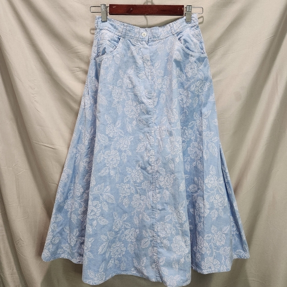 Adini | Skirts | Adini Vintage 7s Floral Light Blue Cotton Midi Skirt ...